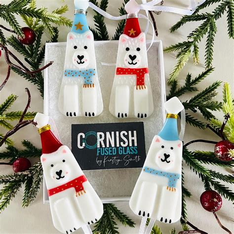 Fused Glass Cute Polar Bear Christmas Tree Decoration Christmas Decoration Fused Glass