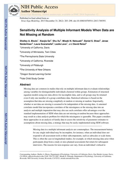 PDF Sensitivity Analysis Of Multiple Informant Models When Data Are Not Missing At Random