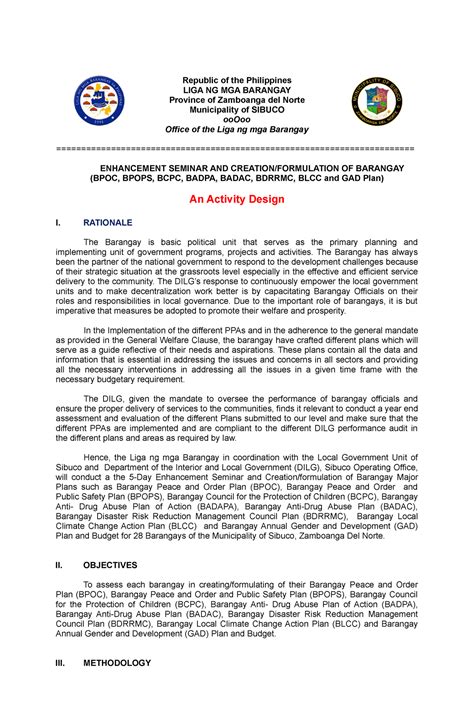 Activity Design Asasasa Republic Of The Philippines Liga Ng Mga