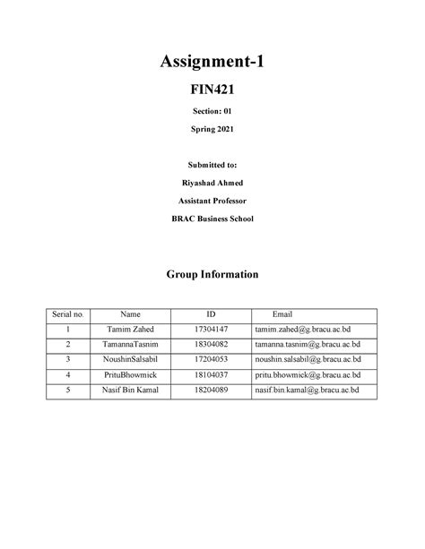 Fin421 Group Assignment Assignment Fin Section 01 Spring 2021 Submitted To Riyashad Ahmed