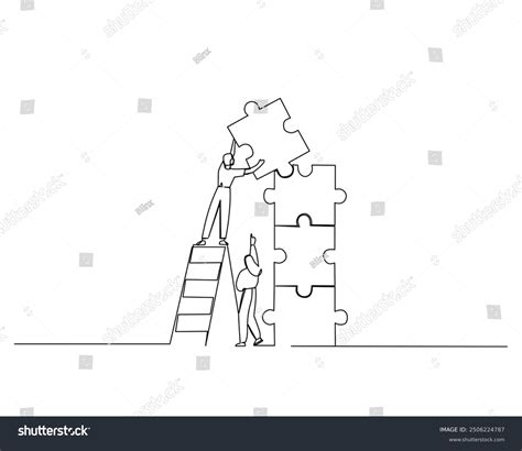 Minimalist Line Drawing Two Individuals Assembling Stock Vector