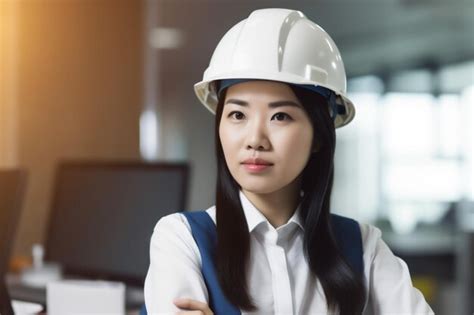 Premium Ai Image Woman Business Engineer Industry Job Asian Smile Industrial Helmet