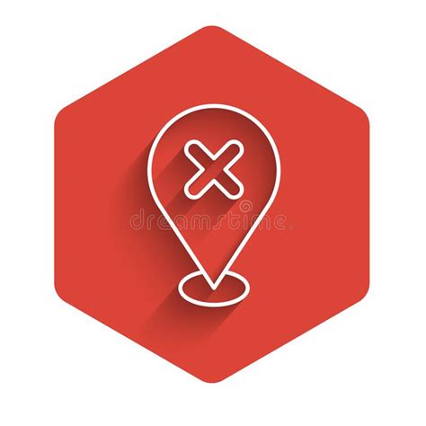 White Line Map Pin With Cross Mark Icon Isolated With Long Shadow