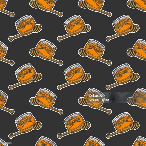 나무 숟가락 냄비에 꿀 낙서 및 스케치 스타일의 벡터 개념입니다 티셔츠 엽서에 인쇄하기 위한 손으로 그린 일러스트레이션 섬유 종이 랩을위한 원활한 패턴 0명에 대한 스톡