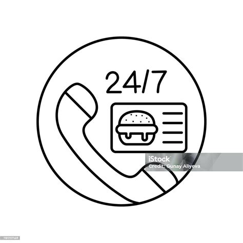 전화 명함 햄버거 24 7 아이콘 Ui 및 Ux 웹 사이트 또는 모바일 응용 프로그램에 대한 간단한 라인 테이크 아웃 아이콘의