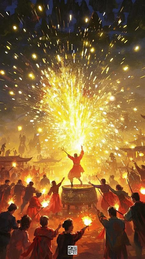 年画，金箔岩彩，丙烯画，手绘风插画，浪漫古风，印象派，意识流，梦幻色，水墨画，水墨淡彩，湿墨晕染，大面积晕染，大写意，庙会夜景，灯火通明，打铁花，火焰，精神抖擞，金黄色中国红，撒金粉，透光