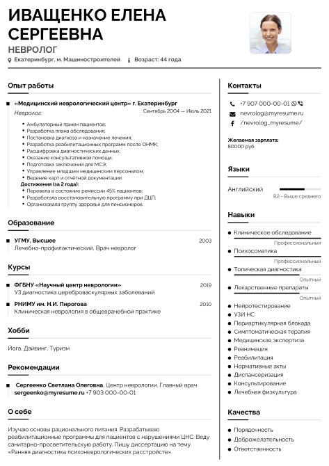 Резюме Врача Невролога Лучший Образец для Устройства на Работу