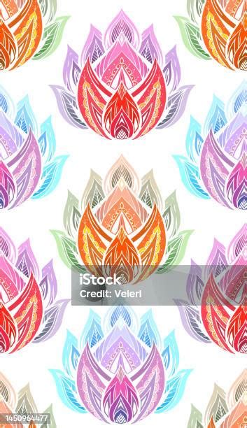 흰색 배경에 네온 색 부족 연꽃이 있는 벡터 매끄러운 패턴 수련과 신성한 화려한 벽지 관상용 식물에 대한 스톡 벡터 아트 및 기타 이미지 관상용 식물 그리기 꽃 식물