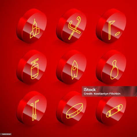 라인 다트 화살표 아이스 하키 스틱 골프 깃발 펀칭 백 서핑 보드 볼링 핀 클럽 및 하키 퍽 아이콘을 설정합니다 벡터 3차원 형태에 대한 스톡 벡터 아트 및 기타 이미지