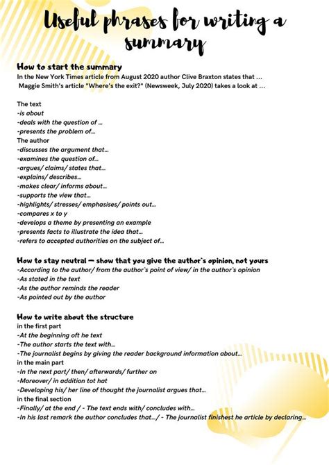 how to write a summary useful phrases ressource pédagogique pour