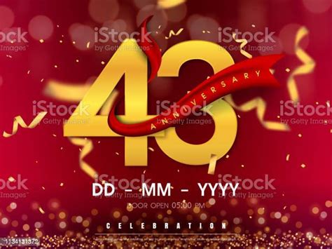 골드 배경에 43 년 기념일 로고 템플릿 제 43 회 빨간색 리본 벡터와 색종이 고립 된 디자인 요소와 황금 숫자를 축 하 0명에 대한 스톡 벡터 아트 및 기타 이미지