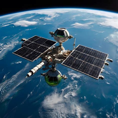 A Futuristic Space Station Orbiting The Earth With Solar Panels Sparkling In The Sun Stock