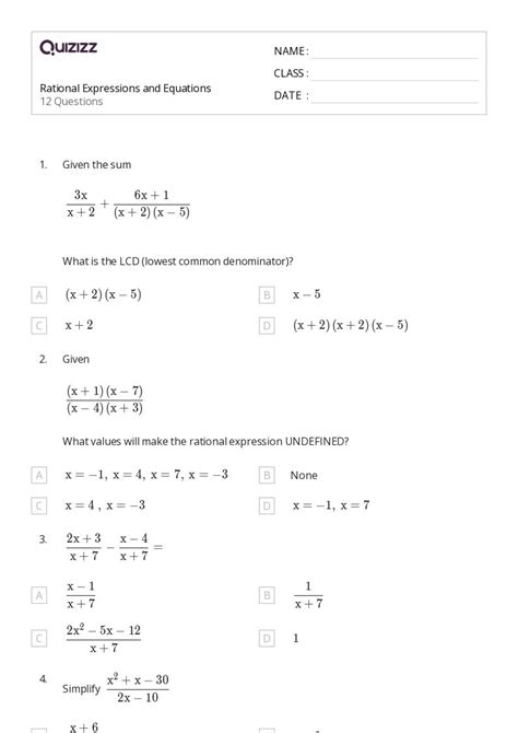 50 Rational Expressions Equations And Functions Worksheets For 12th Class On Quizizz Free