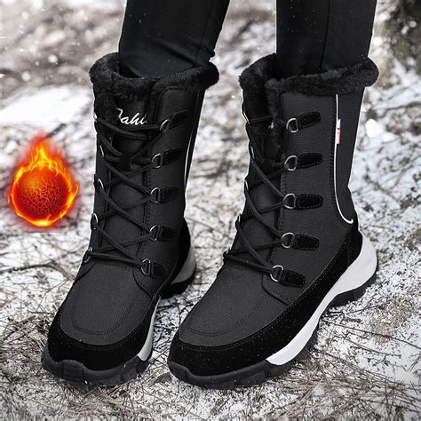 Solid Faux Leather Round Toe Snow Shoes Womens Block Heel Womens