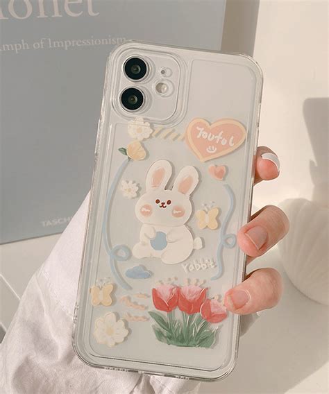 토끼 플라워 투명 아이폰 풀커버 심플 유니크 실리콘 젤리 커플 우정 생일 선물 핸드폰 휴대폰 폰 귀여운 케이스 아이폰케이스 7 8 X 11 프로 12 미니 13 14 15