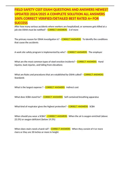Field Safety Csst Exam Questions And Answers Newest Updated 2024 2025 A Complete Solution All