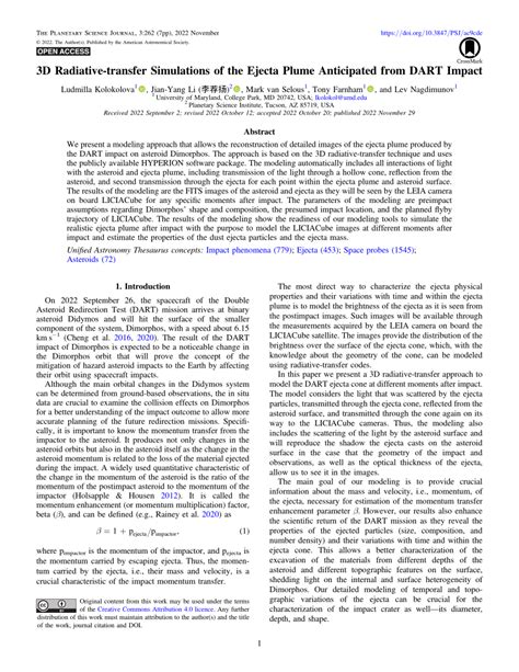 Pdf 3d Radiative Transfer Simulations Of The Ejecta Plume Anticipated From Dart Impact