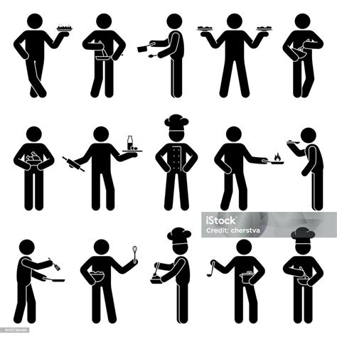 스틱 그림 남자 사람 주방 용품 벡터 세트를 가진 인간 스틱맨 남자 요리 베이킹 튀김 혼합 시음 아이콘 픽토그램 아이콘에 대한