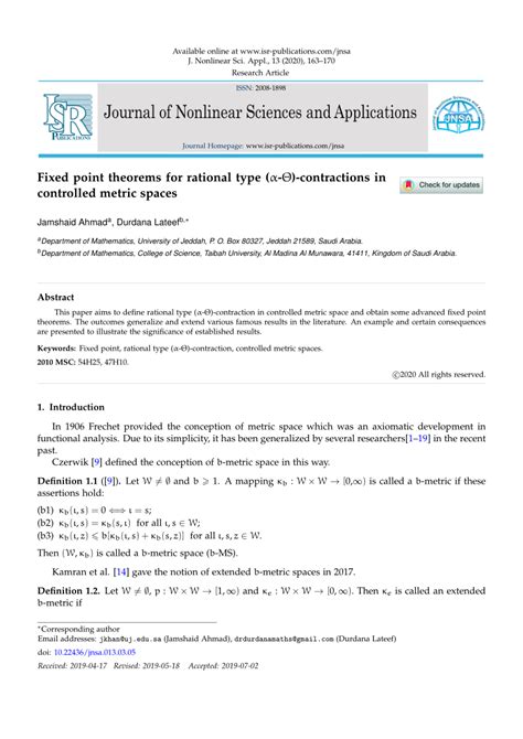 Pdf Fixed Point Theorems For Rational Type α Θ Contractions In Controlled Metric Spaces