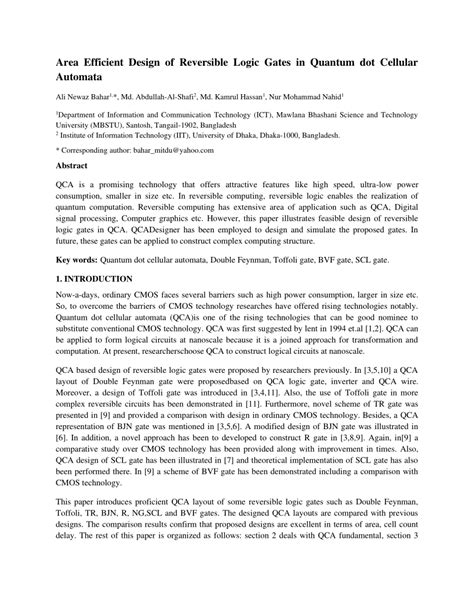 Pdf Area Efficient Design Of Reversible Logic Gates In Quantum Dot