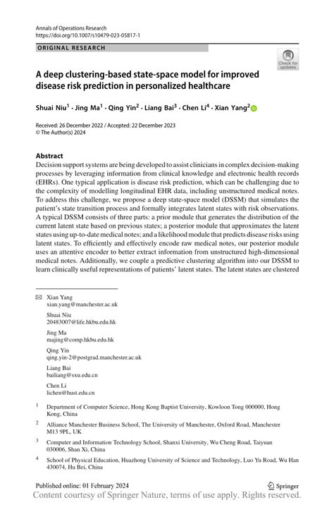 Pdf A Deep Clustering Based State Space Model For Improved Disease Risk Prediction In