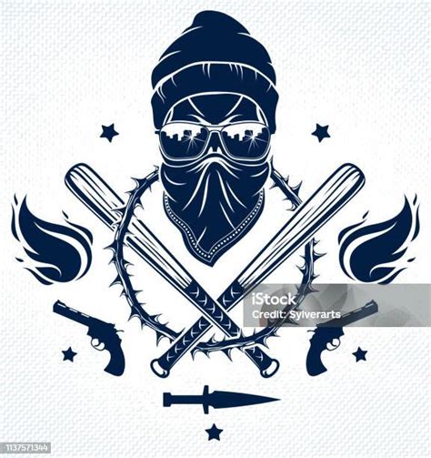 공격적인 두개골 야구 박쥐와 다른 무기와 디자인 요소 벡터 범죄 빈민가 빈티지 스타일 갱스 터 무정 부 또는 마피아 테마 갱스 터 엠 블 럼 문신 가시에 대한 스톡 벡터