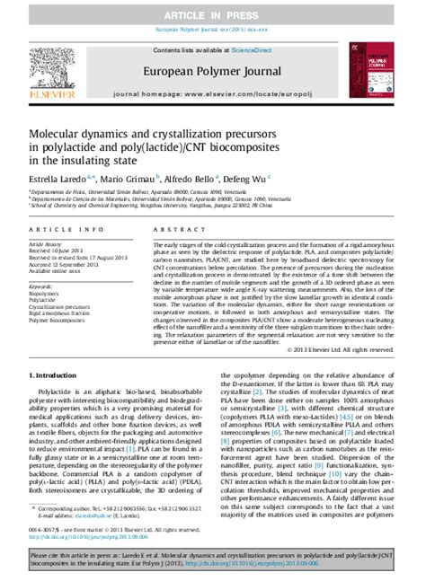 Pdf Molecular Dynamics And Crystallization Precursors In Polylactide And Poly Lactide Cnt