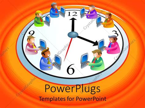 Powerpoint Template White Clock With Animated Figures With Laptops On An Orange Background 29650