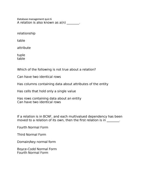 Database Management Quiz 6 Relationship Table Attribute Tuple Table
