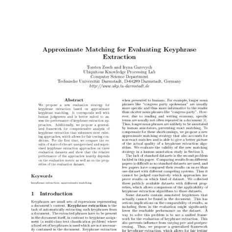 Approximate Matching For Evaluating Keyphrase Extraction Acl Anthology