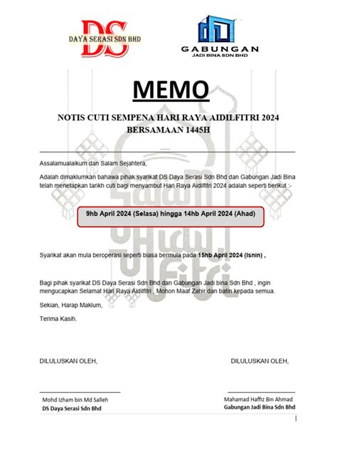 Memo Cuti Raya 2024 Pdf