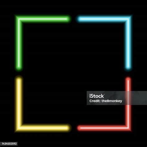 네온 빛나는 프레임 전자 사각형 조명 기하학적 모양 서명 템플릿 디자인 요소 내부에 빈 빈 공간이있는 밝은 다색 직사각형 검은색에 대한 스톡 벡터 아트 및 기타 이미지