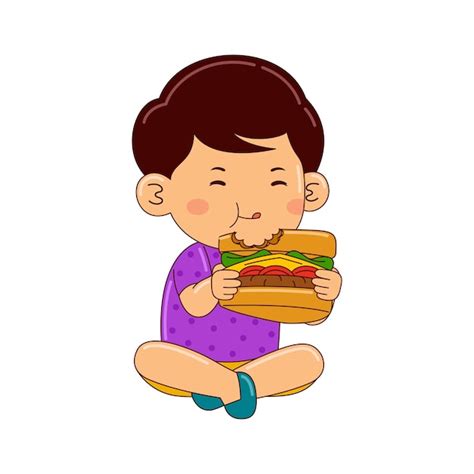 Crianças Menino Comendo Ilustração Vetorial De Sanduíche Vetor Premium