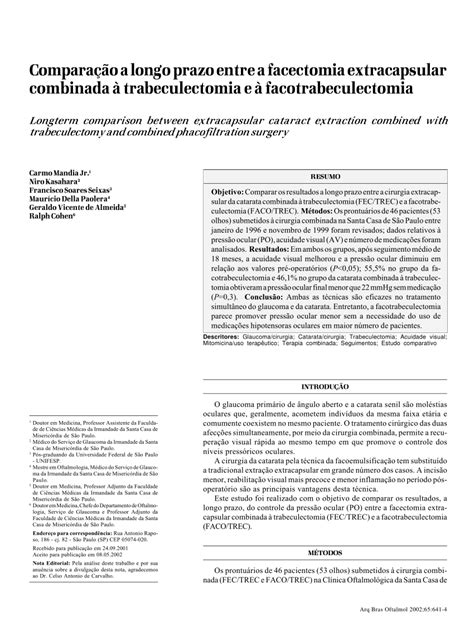 Pdf Longterm Comparison Between Extracapsular Cataract Extraction Combined With Trabeculectomy