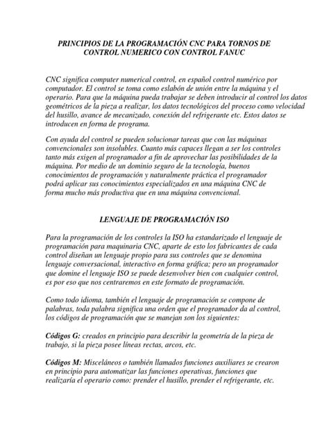 Principios De Programación Cnc Para Tornos Con Control Fanuc Pdf Perforar Control Numerico