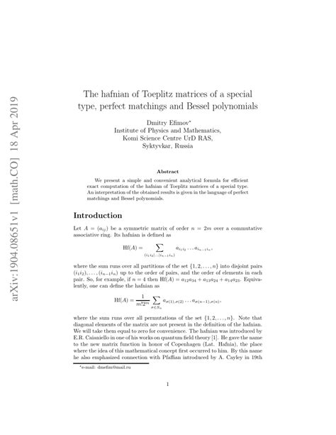 Pdf The Hafnian Of Toeplitz Matrices Of A Special Type Perfect