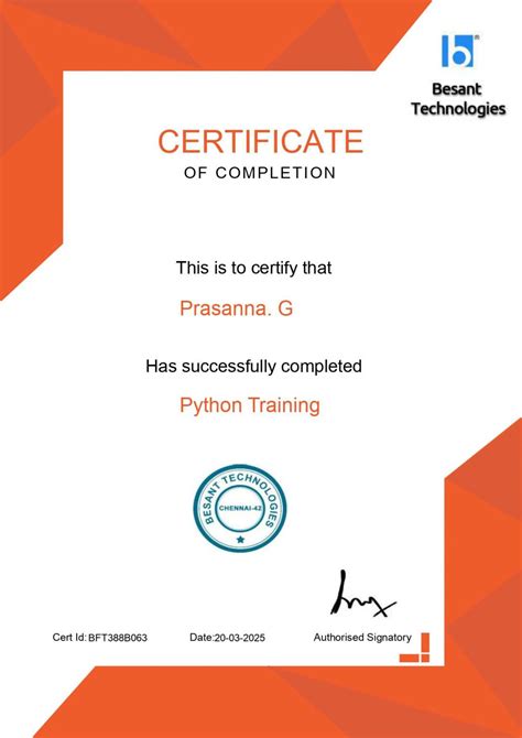 Completed Python Course At Besant Technologies Prasanna G