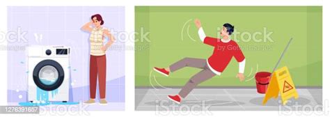 젖은 바닥 과 깨진 세탁기 세미 평면 Rgb 컬러 벡터 일러스트 레이션 세트 가공의 인물에 대한 스톡 벡터 아트 및 기타 이미지 가공의 인물 가사 집안일 가정 생활