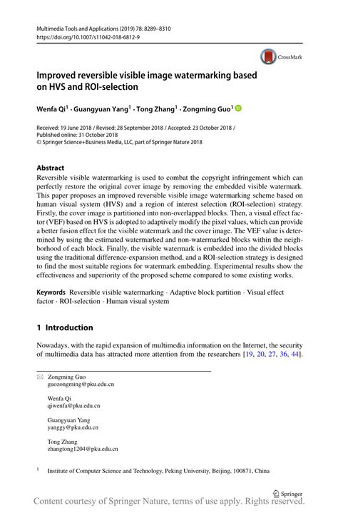 Improved Reversible Visible Image Watermarking Based On Hvs And Roi