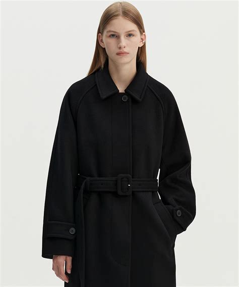 몽돌 오버핏 울 발마칸 벨티드 롱코트 블랙 Mdct009black