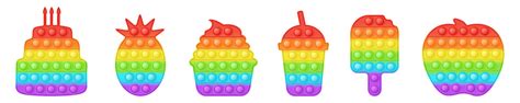 생일과 음식 형태의 세트는 세련된 무지개 안절부절 장난감을 팝업 밝은 색상의 중독성 안티 스트레스 장난감 아이들을위한 버블 트렌디 한 팝 흰색 배경에서 격리된 벡터