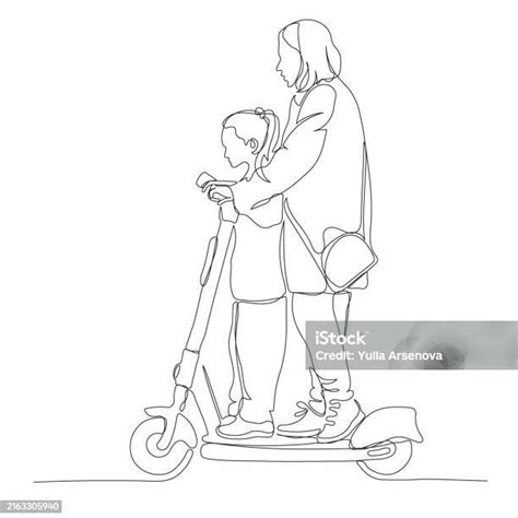 전기 스쿠터를 타고 있는 어머니와 딸 측면 View 연속 선 그리기 흑인과 백인 벡터 일러스트 레이 션 라인 아트 스타일 2명에