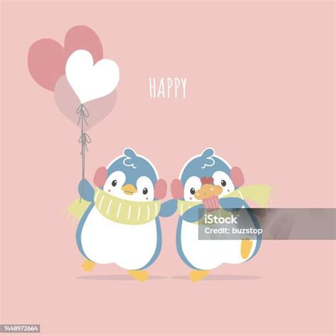 귀엽고 사랑스러운 손으로 그린 펭귄은 풍선과 컵케이크를 들고 심장 행복한 발렌타인 데이 사랑 개념 2월에 대한 스톡 벡터 아트 및 기타 이미지 Istock