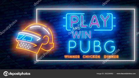 게임 배틀 그라운드 네온 사인 밝은 간판 빛 배너 Pubg 벡터 일러스트 로고 및 텍스트 우승자 치킨 저녁 식사 우승