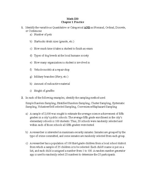 Chapter 1 Practice Stats Math 220 Chapter 1 Practice Identify The Variable As Quantitative Or