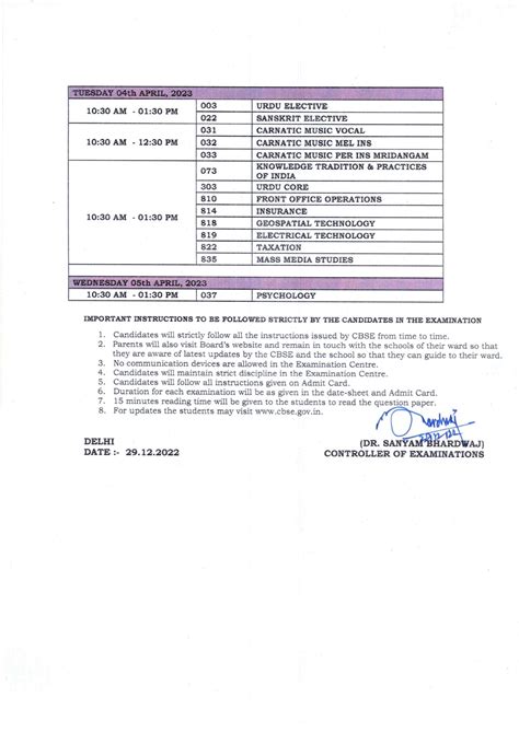 Cbse Class 10 12 Time Table 2023 Download
