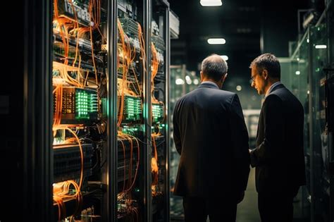 Premium Ai Image Businessmen Having A Discussion In A Modern Data Center Surrounded By Servers