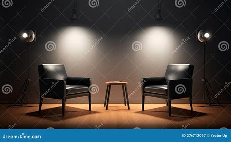 Two Chairs And Spotlights In Podcast Or Interview Room Generative Ai Stock Illustration Two Chairs And Spotlights In Podcast Or Interview Room Generative Ai Stock Illustration