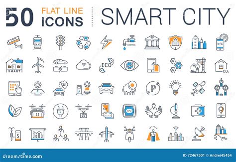 Set Vector Flat Line Icons Smart City Stock Illustration Illustration Of Internet Building
