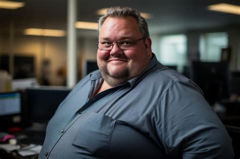 Premium Ai Image A Man With Glasses And A Blue Shirt Standing In Front Of A Computer